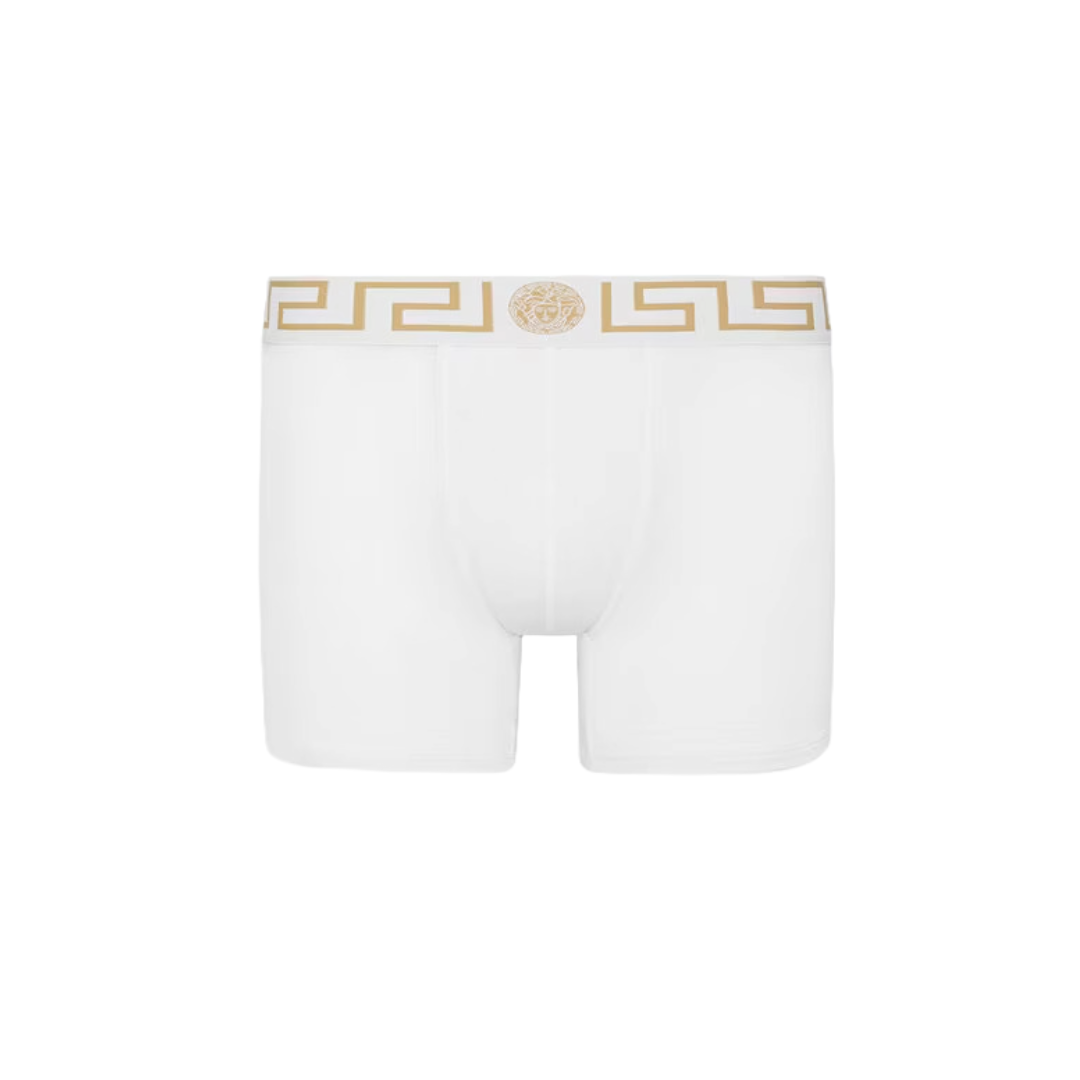 VERSACE GRECA BORDER LONG TRUNKS WHITE/GOLD